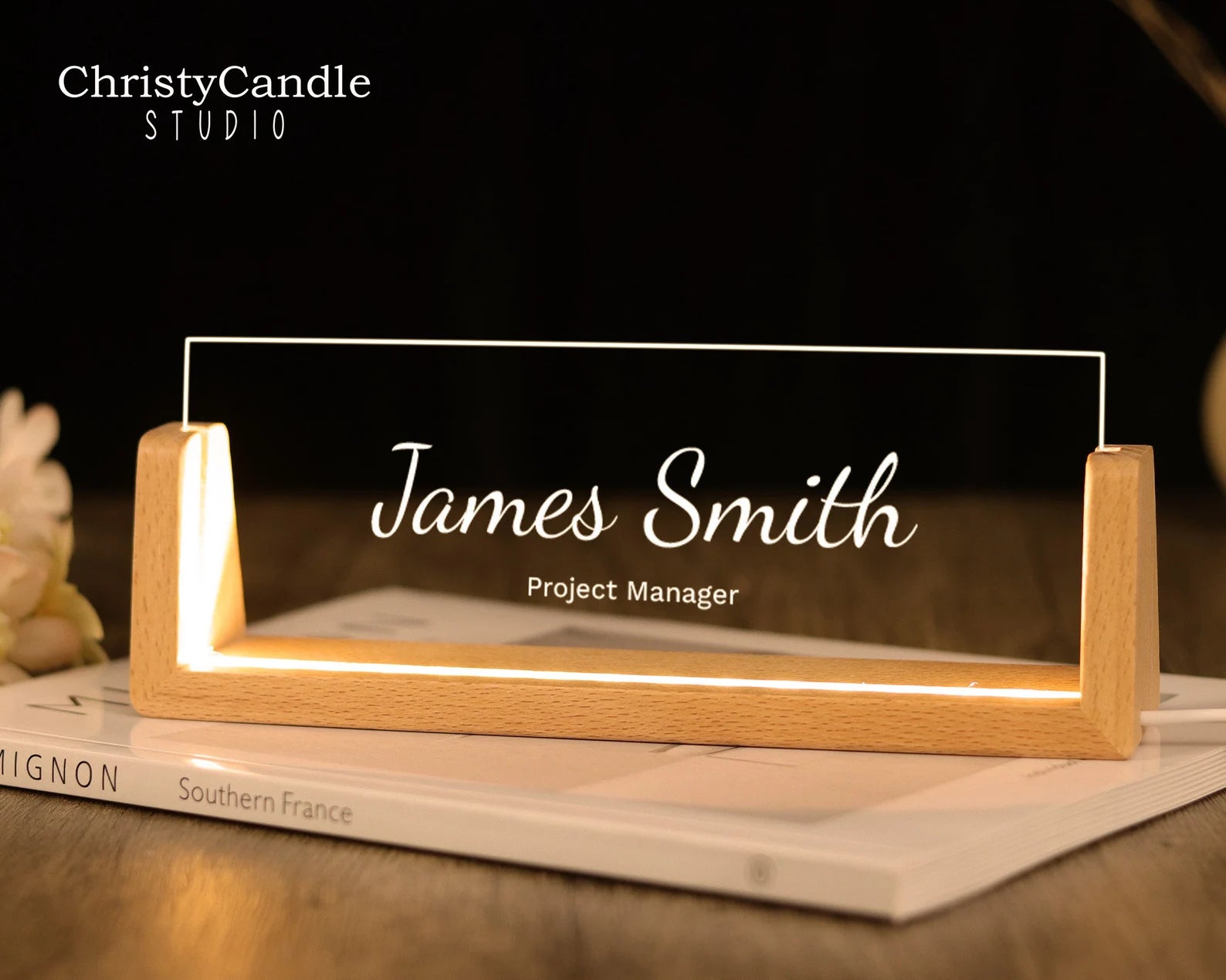 Personalized LED Desk Name Plate With Wooden Base – Artistic Gifts